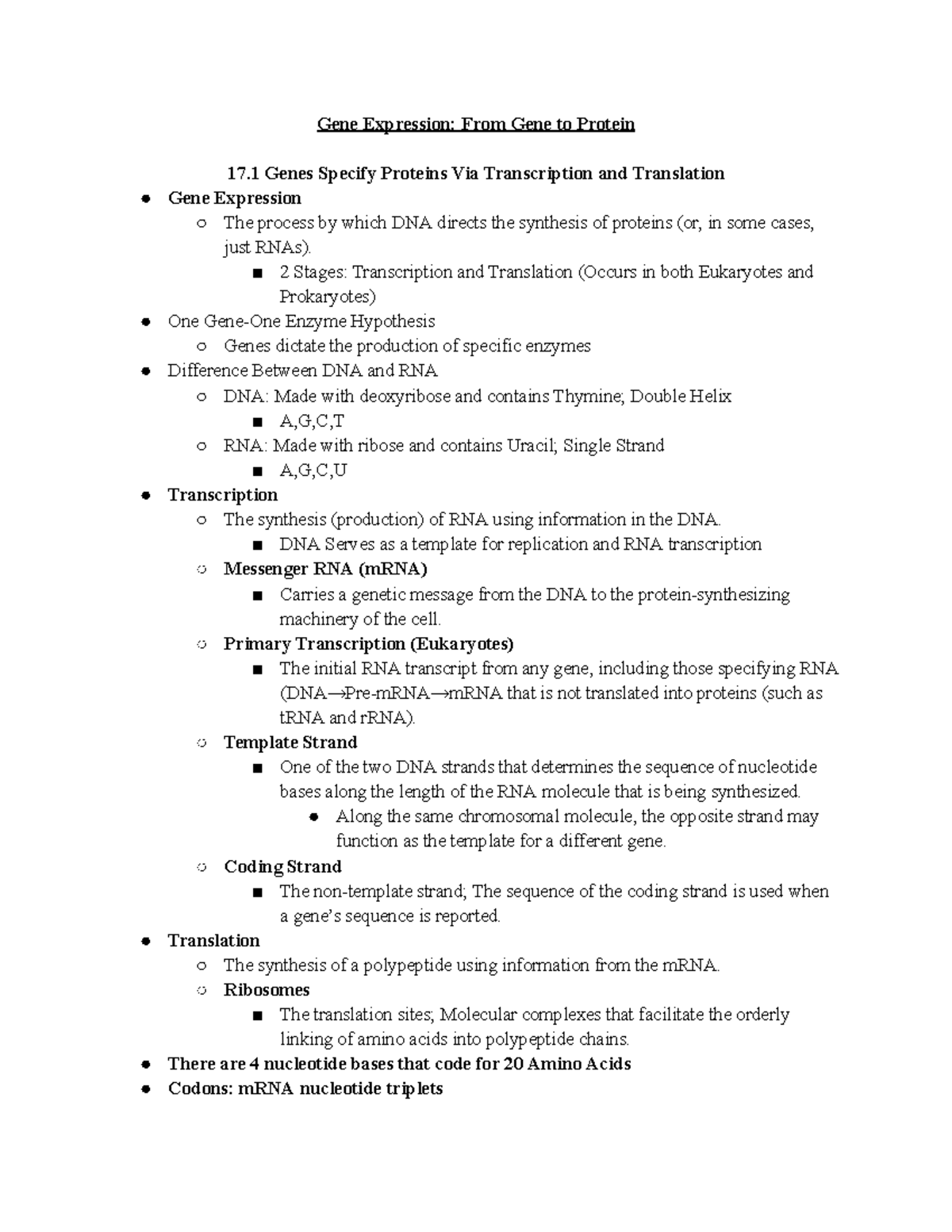 Ch. 17 AP Bio: Gene Expression - From Gene to Protein Overview - Studocu