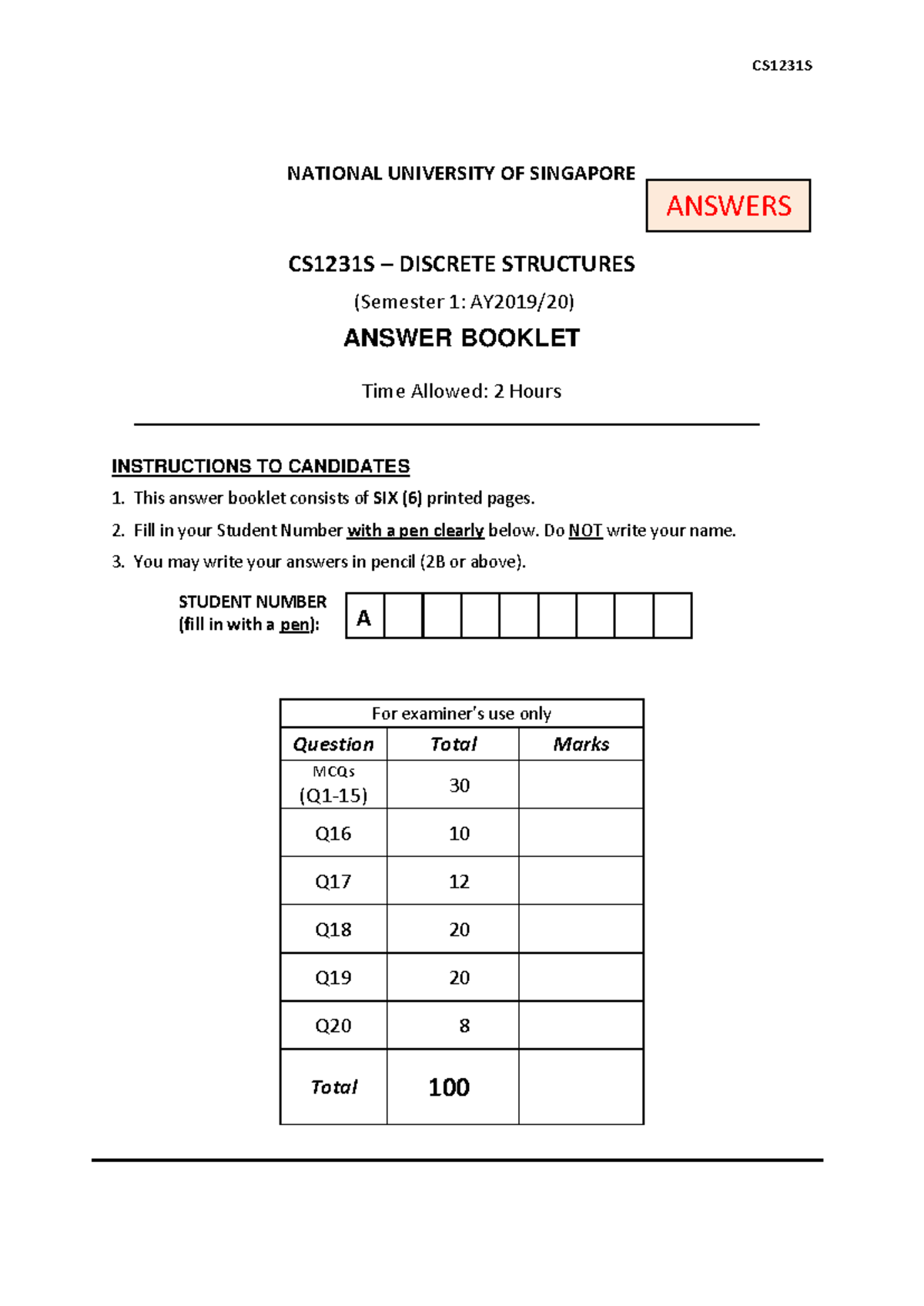 Exam 19s1 answer key - CS1231 - NUS - Studocu