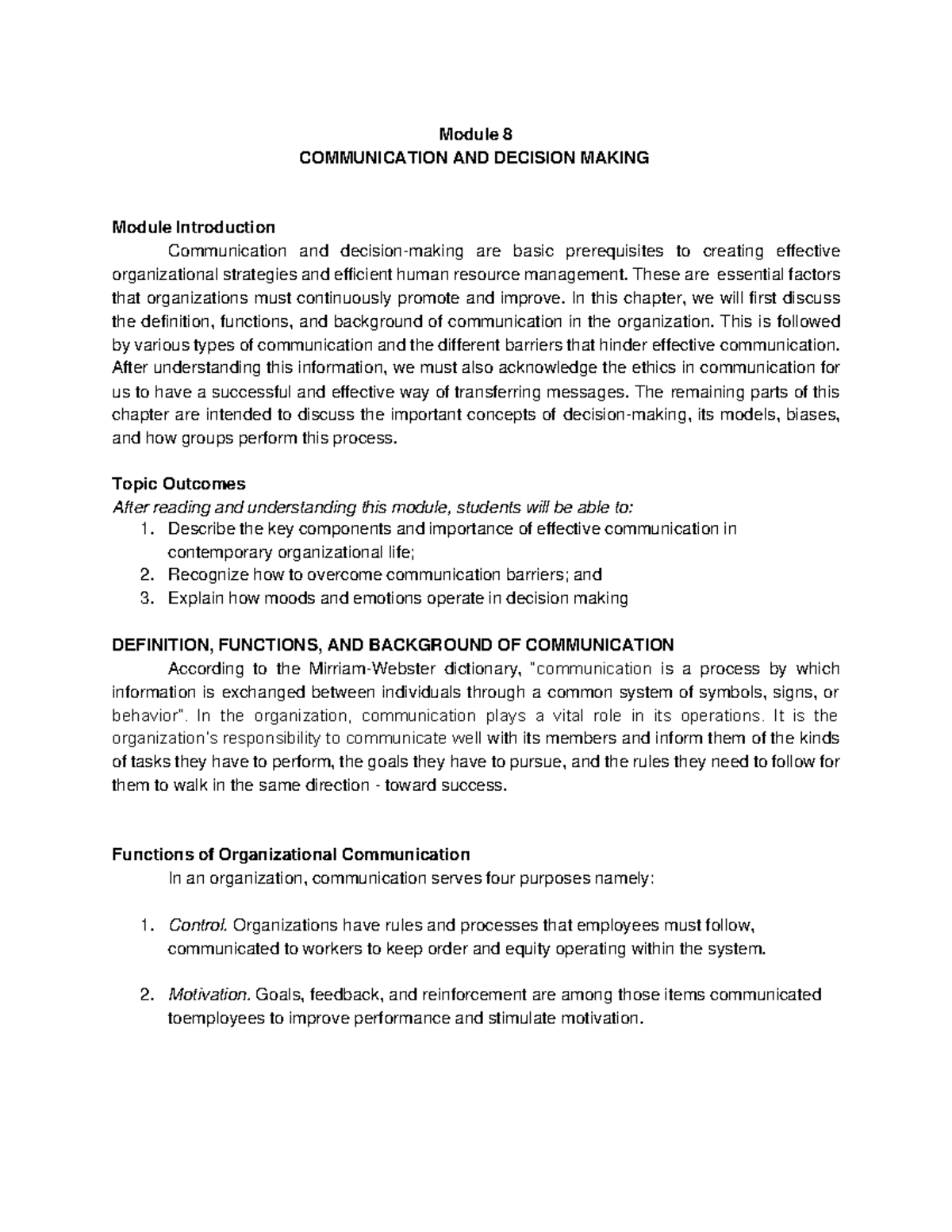 Module 8 - hbo - Module 8 COMMUNICATION AND DECISION MAKING Module ...