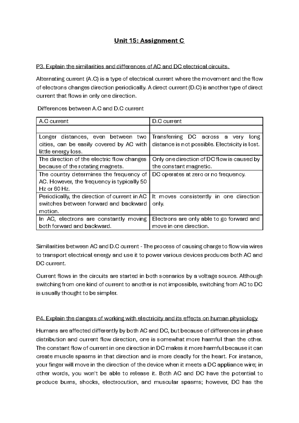 Unit 15 Assignment C: AC vs DC Circuits Analysis and Impacts - Studocu