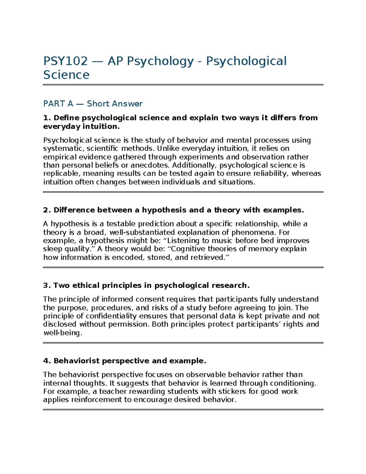 PSY102 AP Psychology Homework Assignment 1: Key Concepts & Perspectives - Studocu