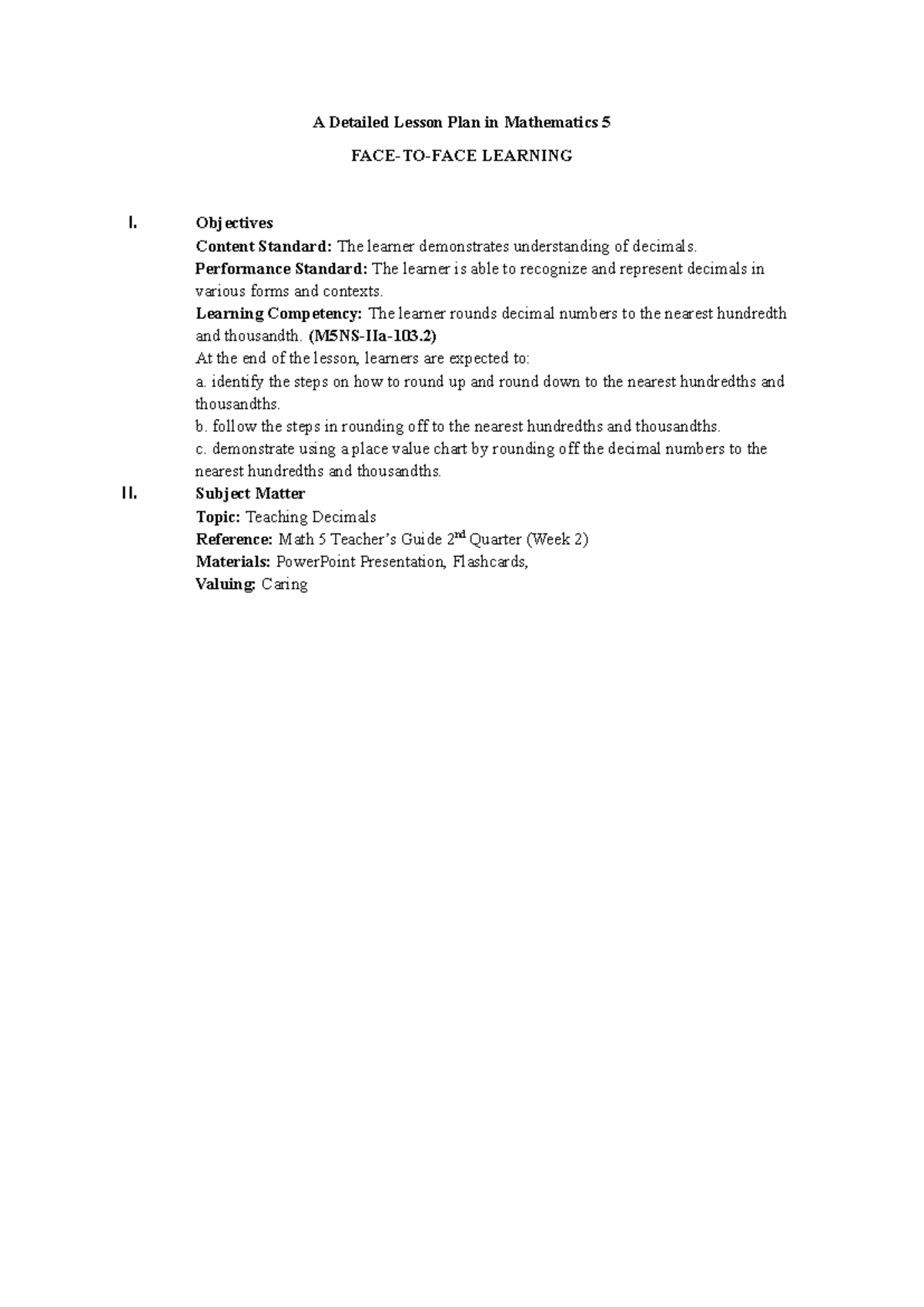 Mathematics 5 Detailed Lesson Plan: Rounding Decimals - Studocu