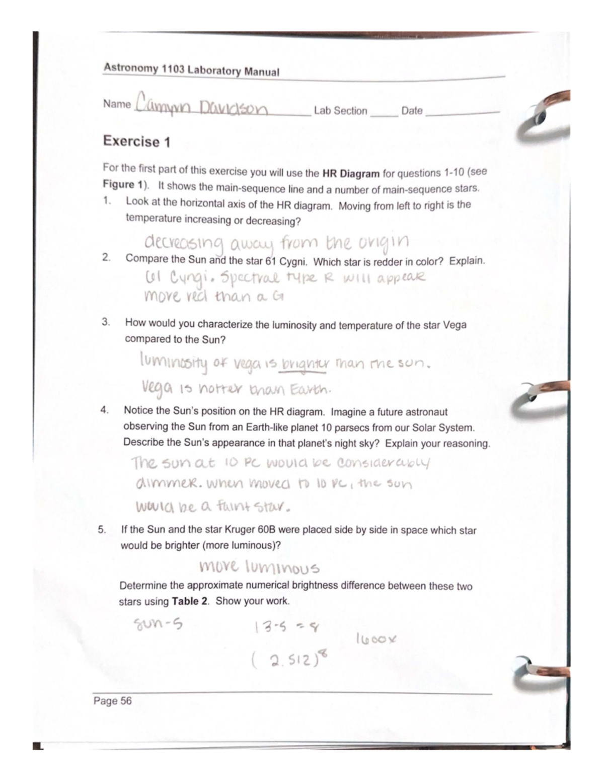 Astronomy 1103 Lab Manual: In-Depth HR Diagram Exercises and Analysis ...