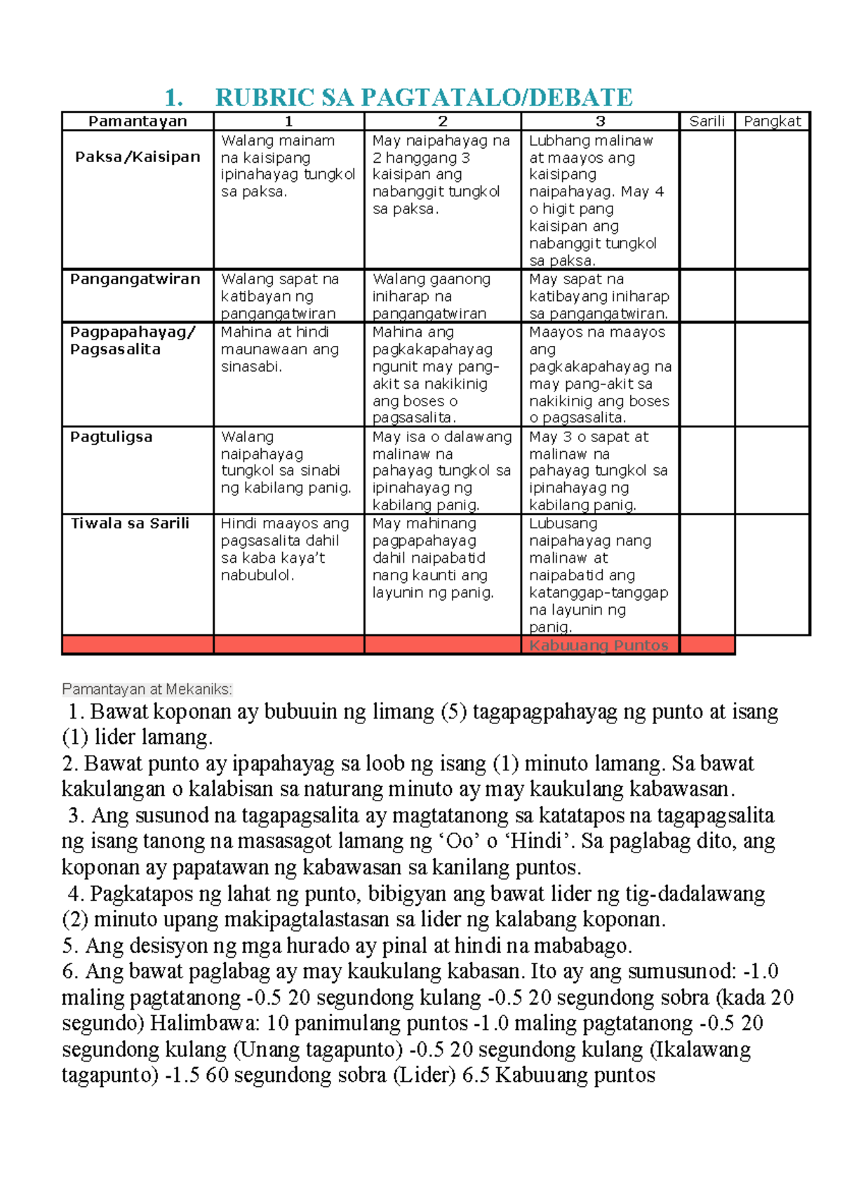 398875518 - Rubric para sa Pagsasalita sa Debate: Pamantayan at ...