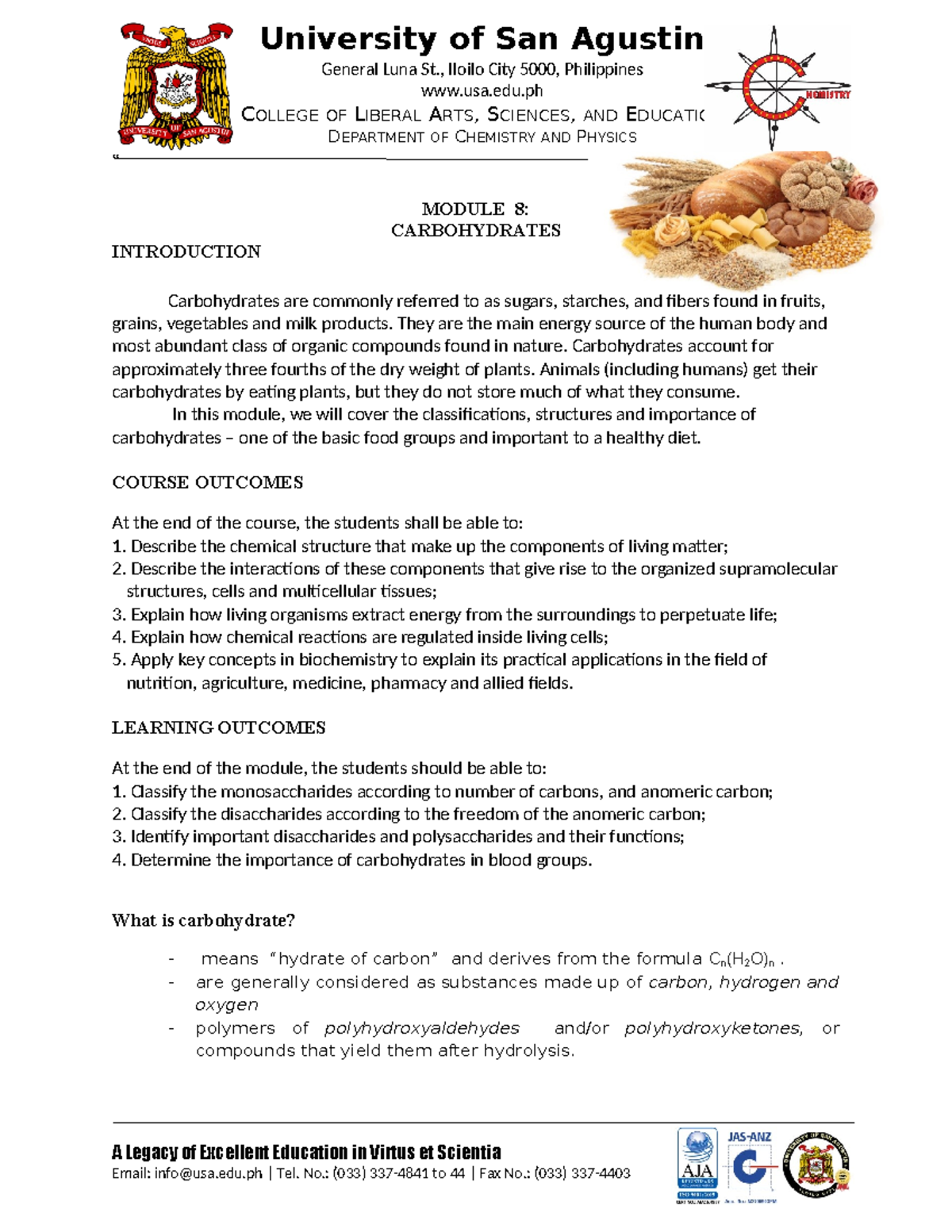 Module 8 Carbohydrates 2020 - General Luna St., Iloilo City 5000 ...