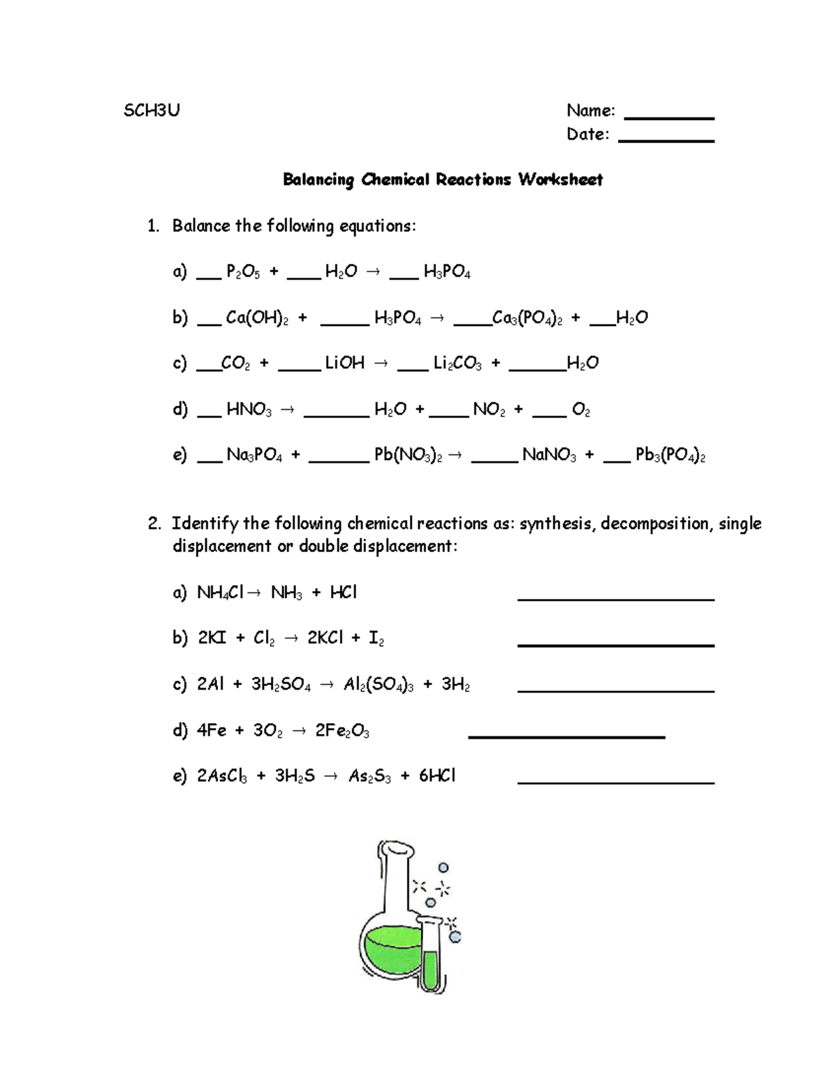 SCH3U Unit 2 - Balancing Chemical Reactions Worksheet - Studocu