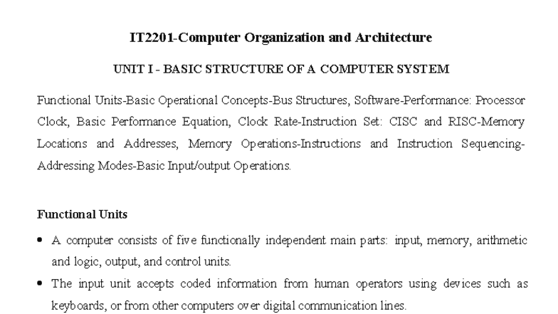 Unit I: Basic Structure of a Computer System - Overview and Functions - Studocu