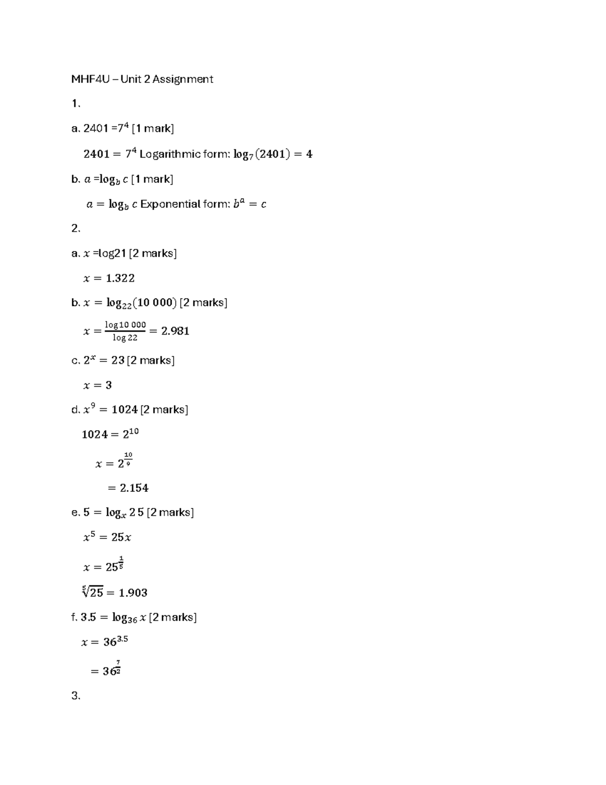 MHF4U Unit 2 Assignment: Logarithmic and Exponential Concepts - Studocu