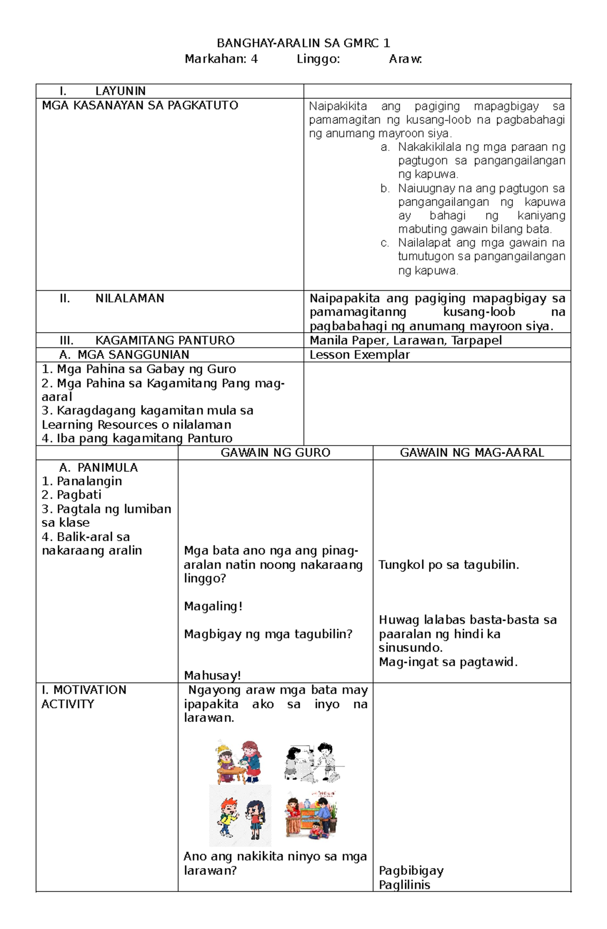 GMRC 1 - BANGHAY-ARALIN: Pagiging Mapagbigay at Pagtulong sa Kapwa ...