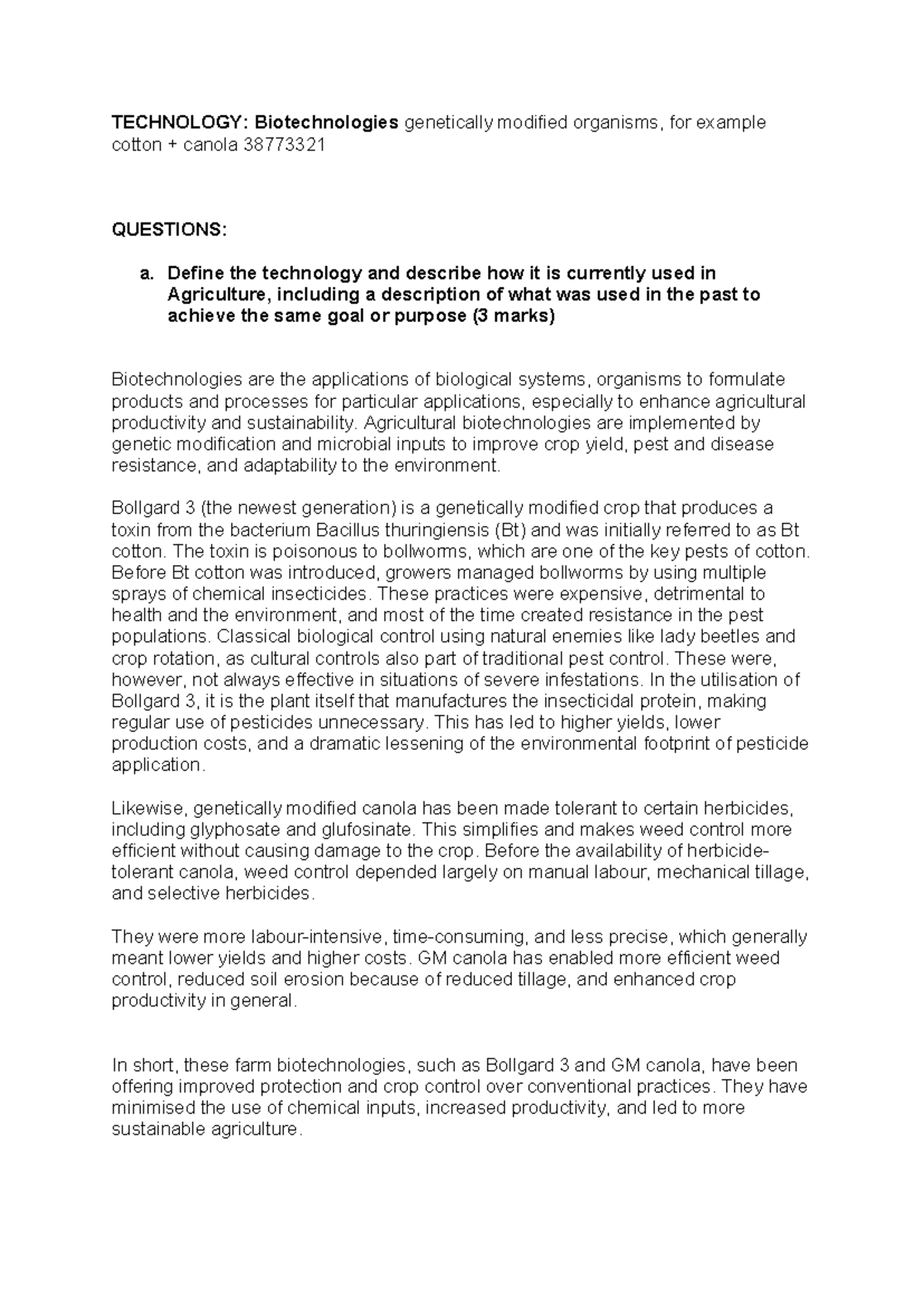 Final Assessment: Biotechnologies & GMOs in Agriculture (38773321 ...