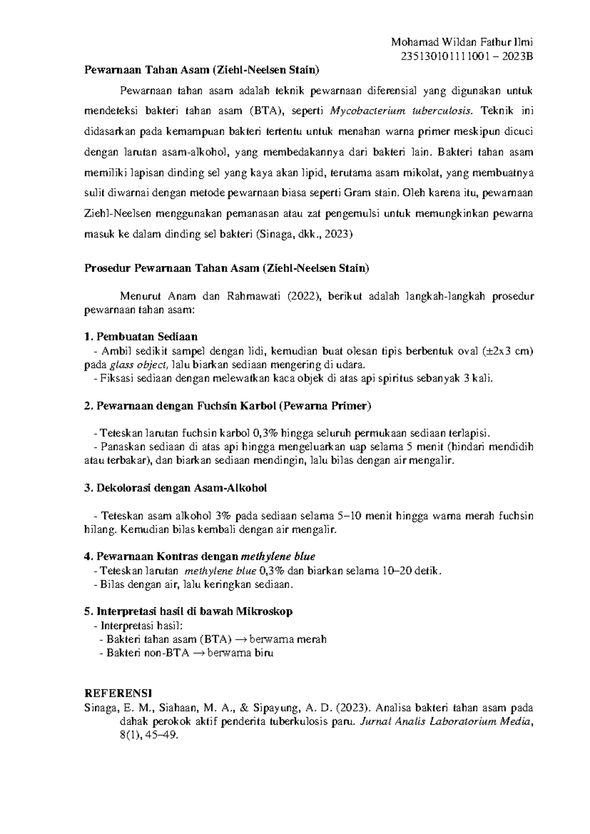 Pewarnaan Tahan Asam: Teknik Ziehl-Neelsen untuk BTA (2023B) - Studocu