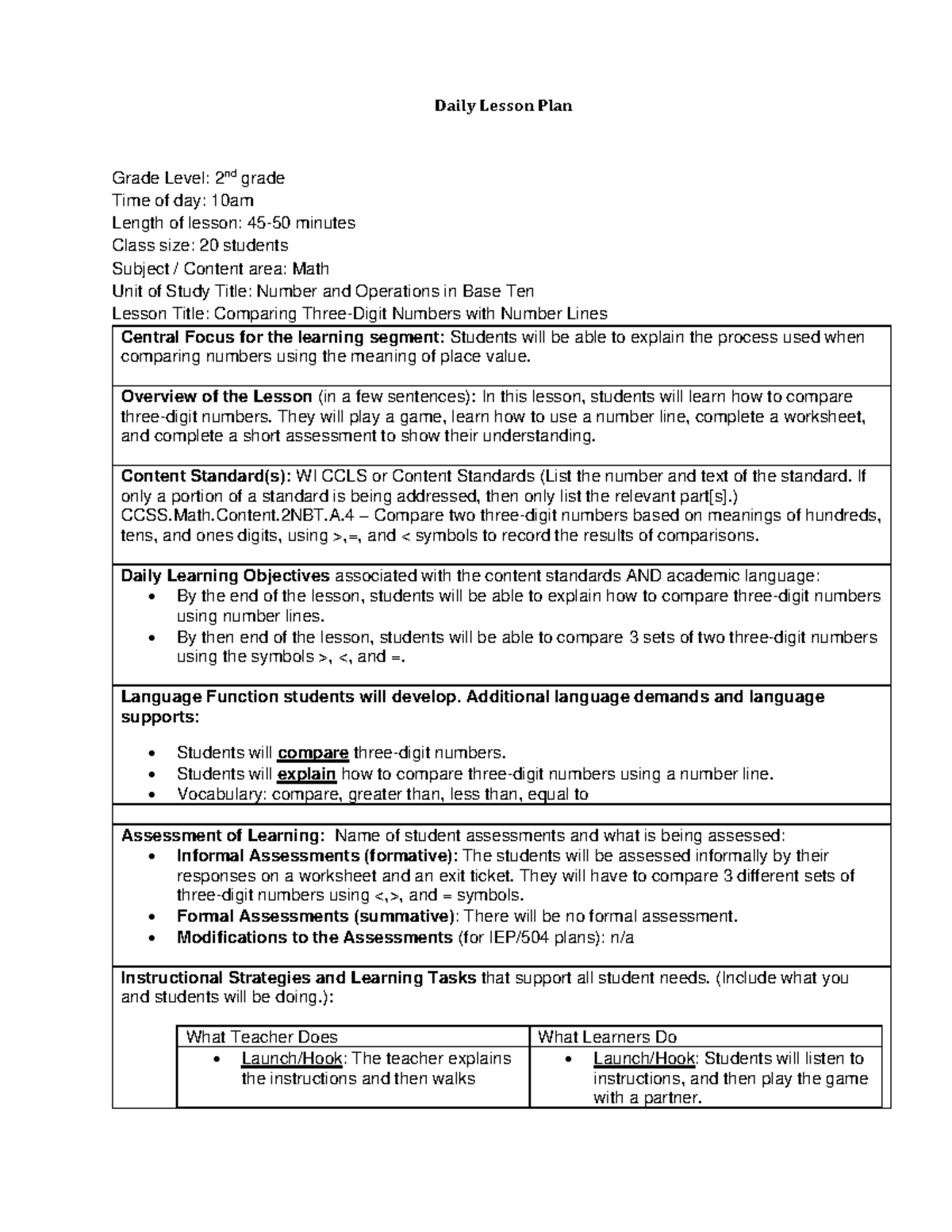 Comparing Three Digit Numberswith Number Lines Formal Lesson Plan-1 ...