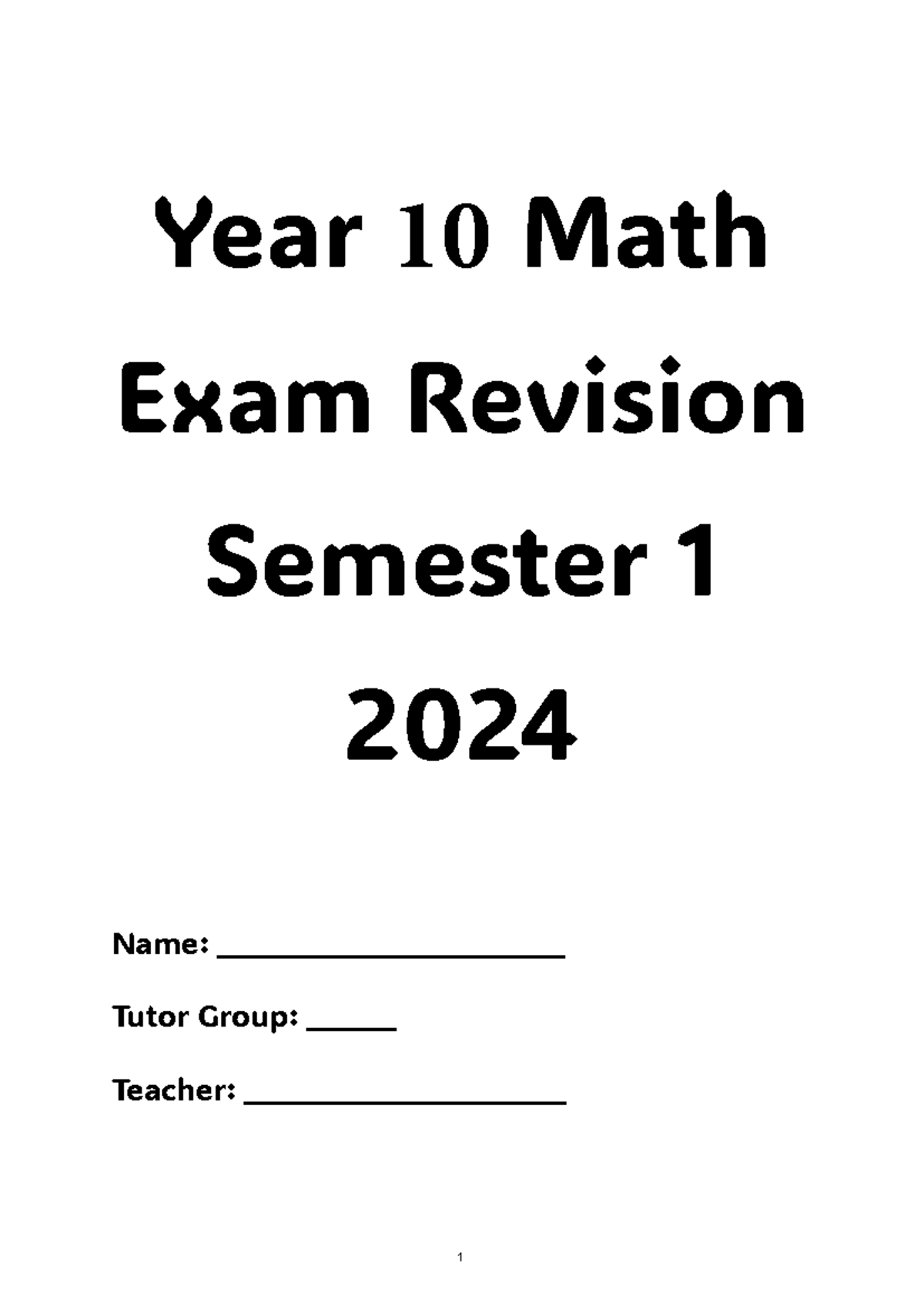 Math Revision - notes - Year 10 Math Exam Revision Semester 1 2024 Name