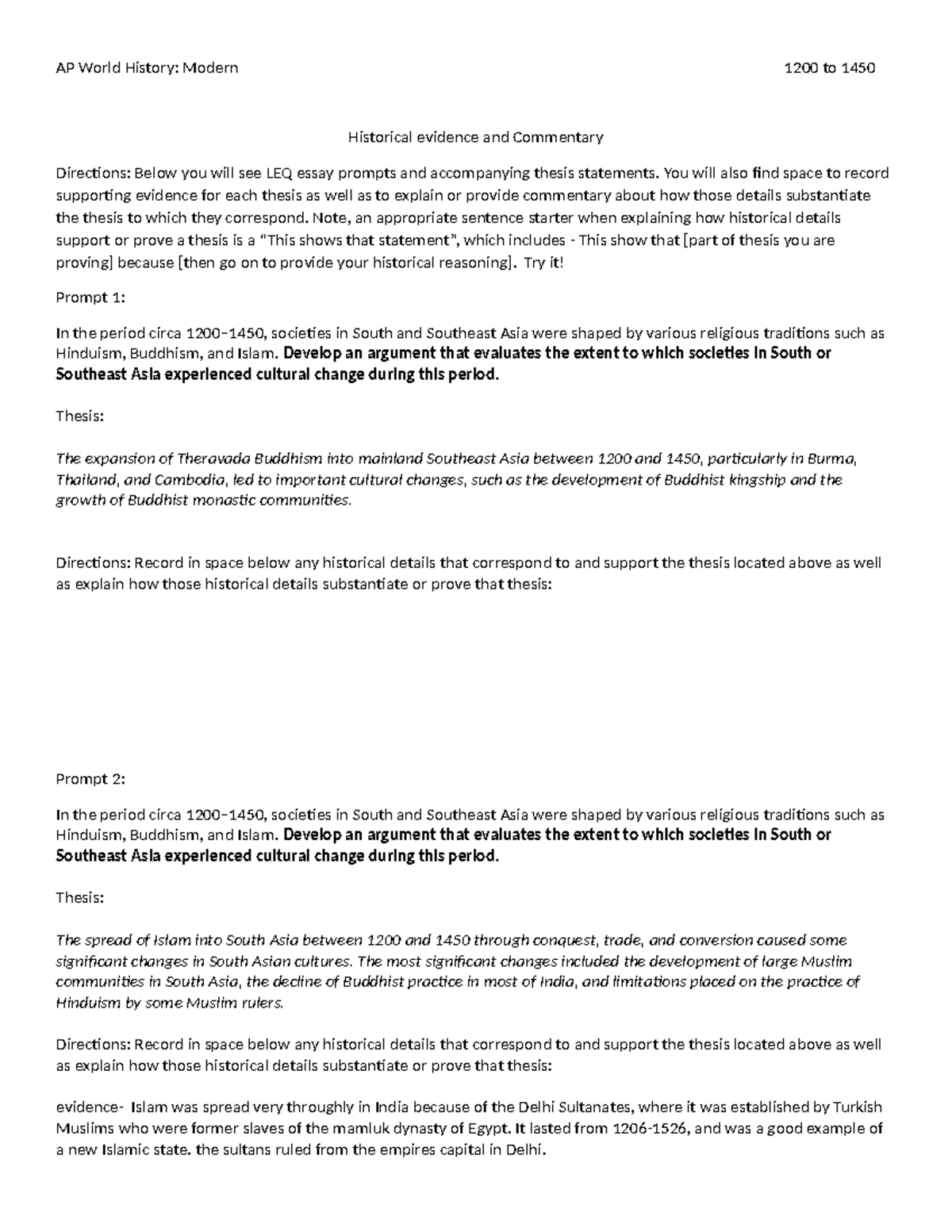 AP World History: Modern 1200-1450 Unit 1 LEQ Essay Practice - Studocu