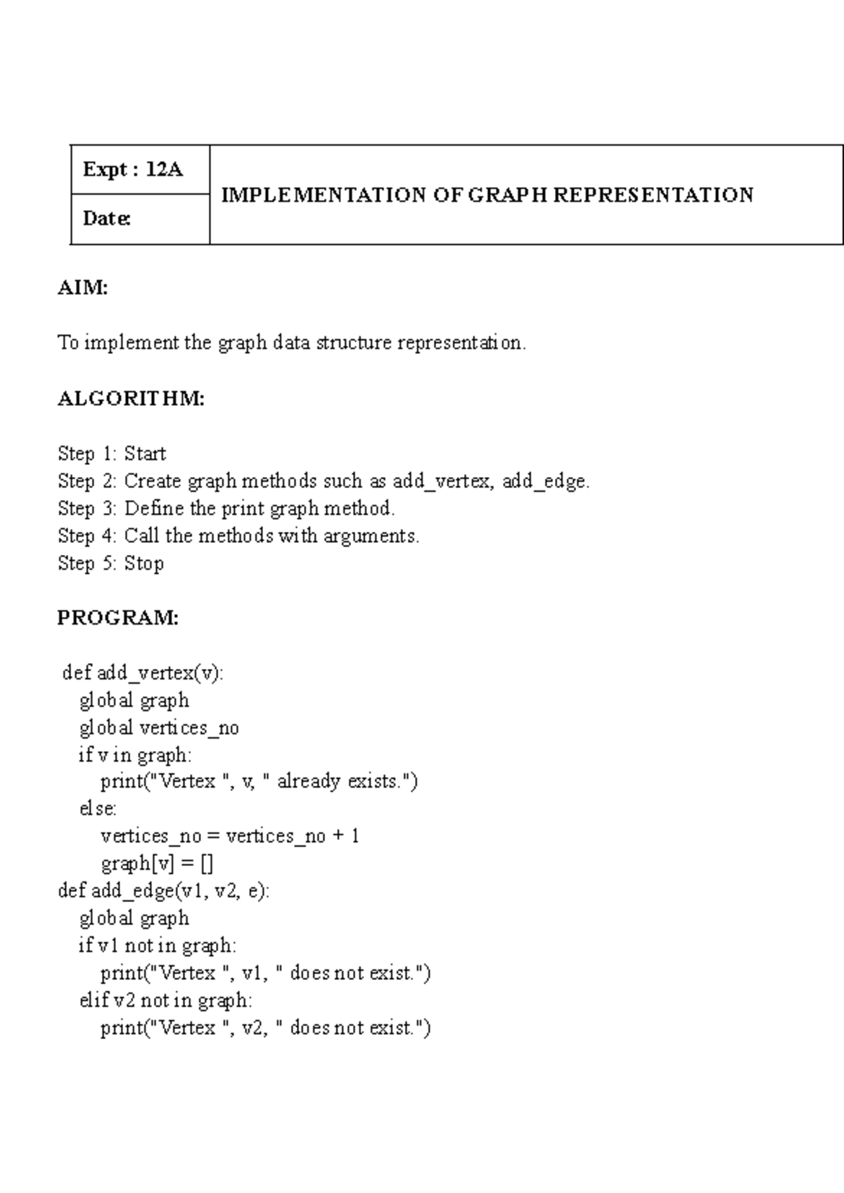 DSA (EX-12, 13 & 14) - Graph Algorithms Implementation Guide - Studocu