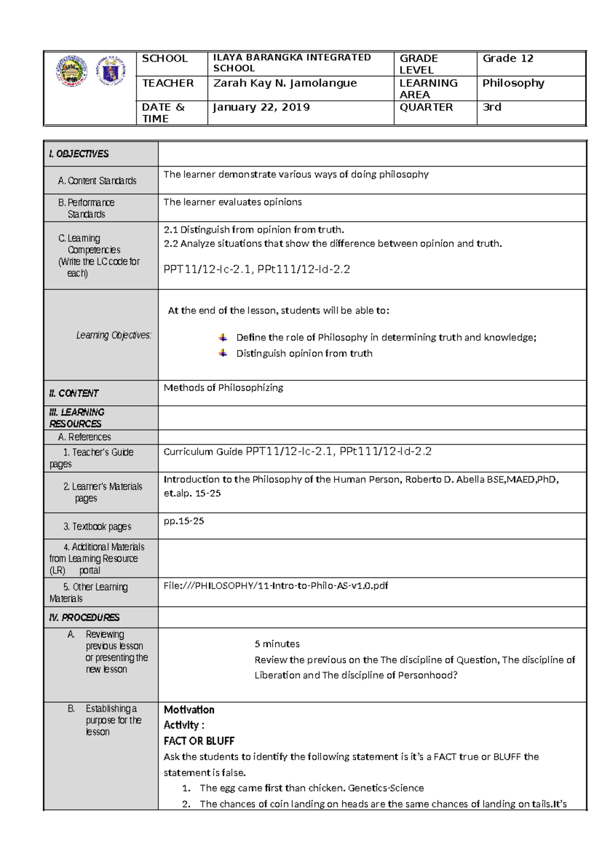 Philosophy Lesson Plan (Grade 12) - Objectives & Methods - Studocu