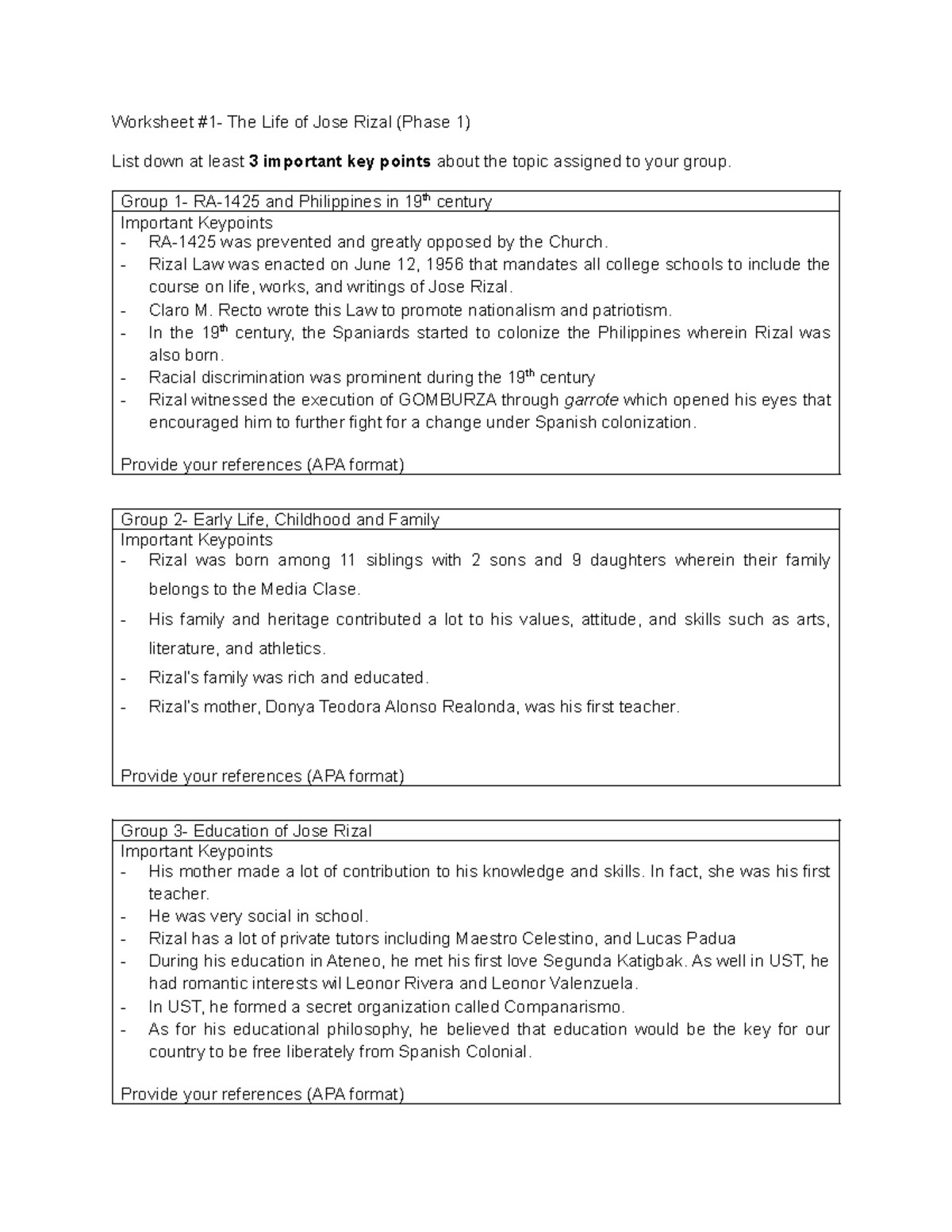 Liferiz Module 1 Worksheet: Key Points on Jose Rizal's Life and ...