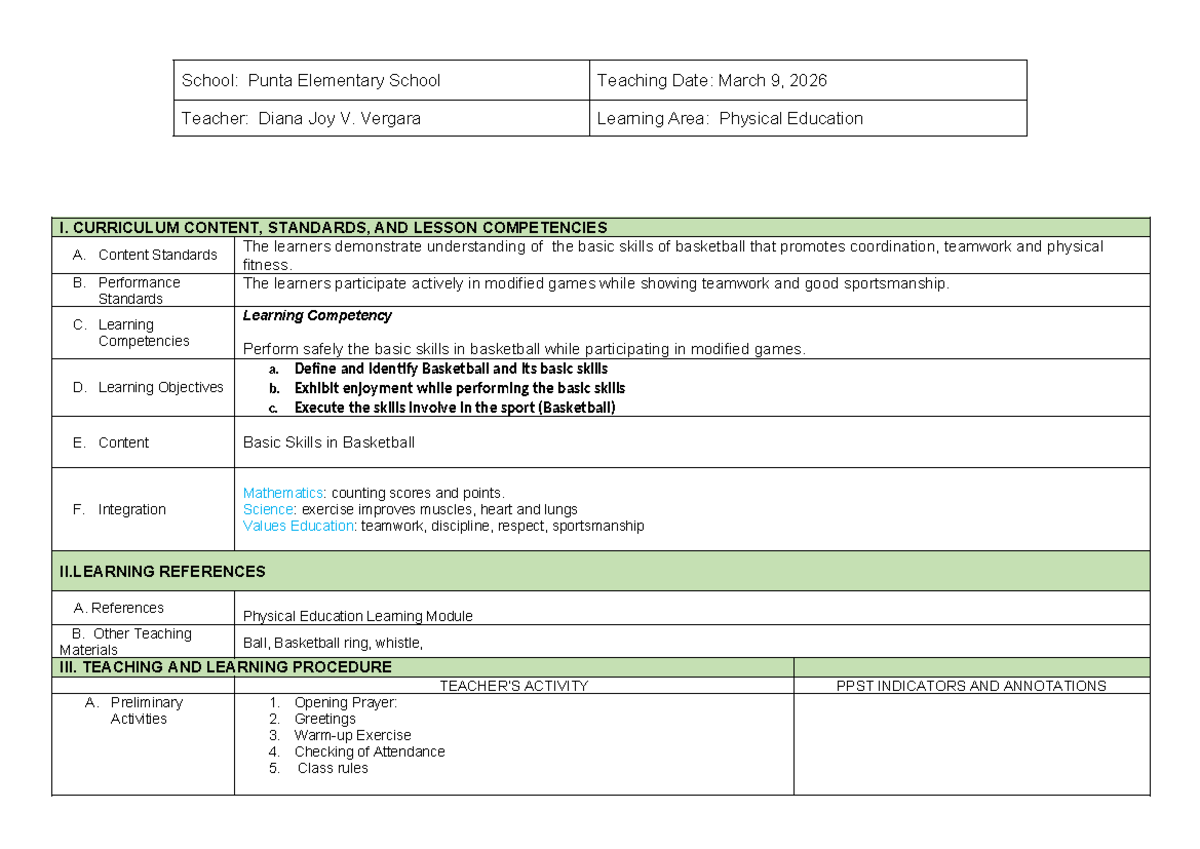 PE101: Lesson Plan on Basic Basketball Skills and Activities - Studocu