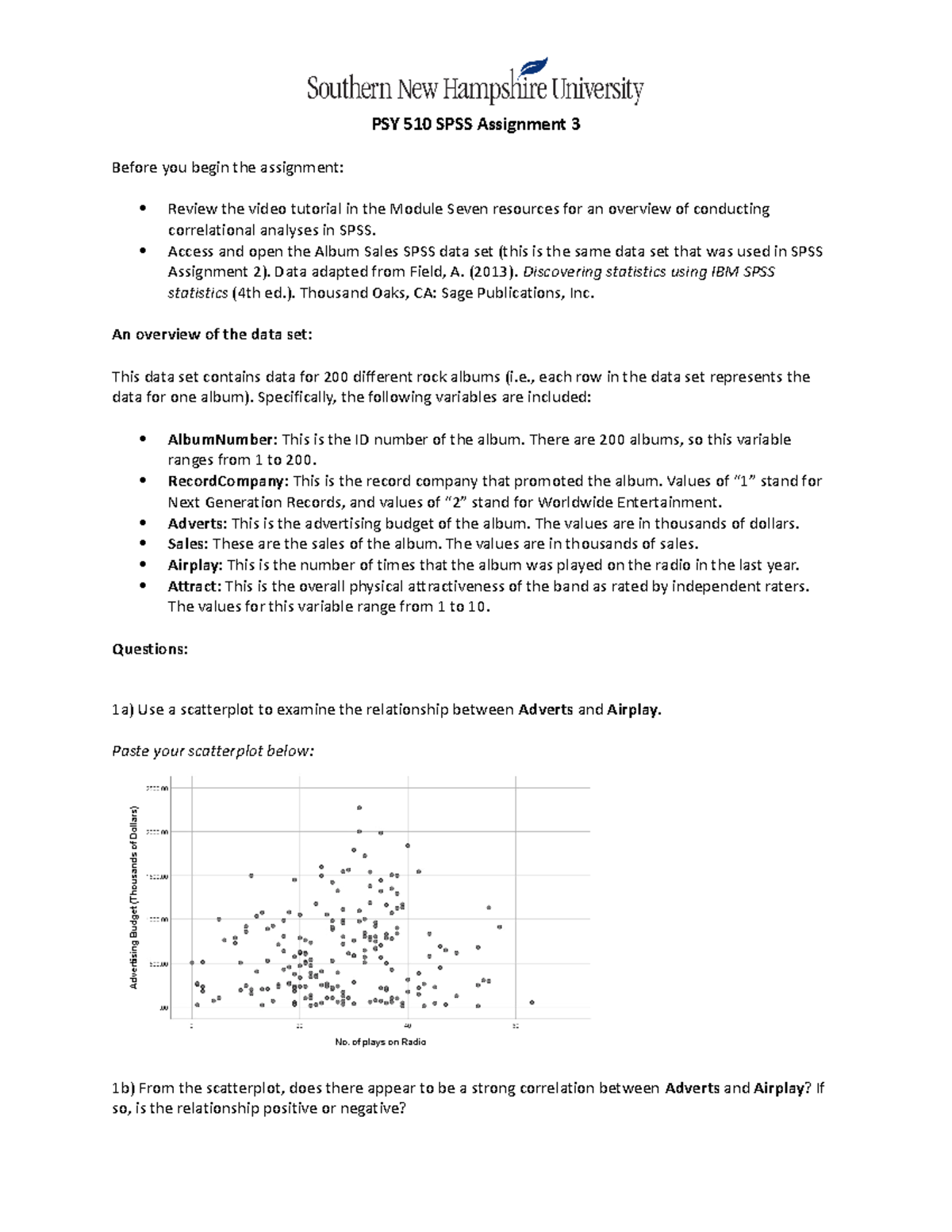 PSY 510 SPSS Assignment 3: Correlational Analysis of Album Sales Data - Studocu