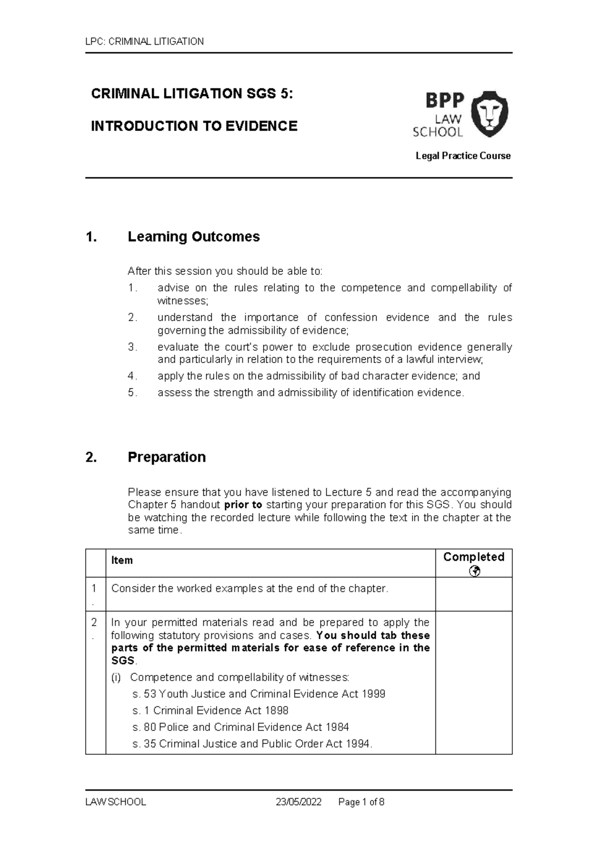 LPC: Criminal Litigation SGS 5 - Introduction to Evidence and Case ...