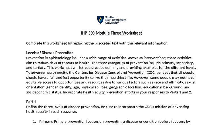 IHP 330 Module 3 Worksheet: Levels of Disease Prevention & Health ...