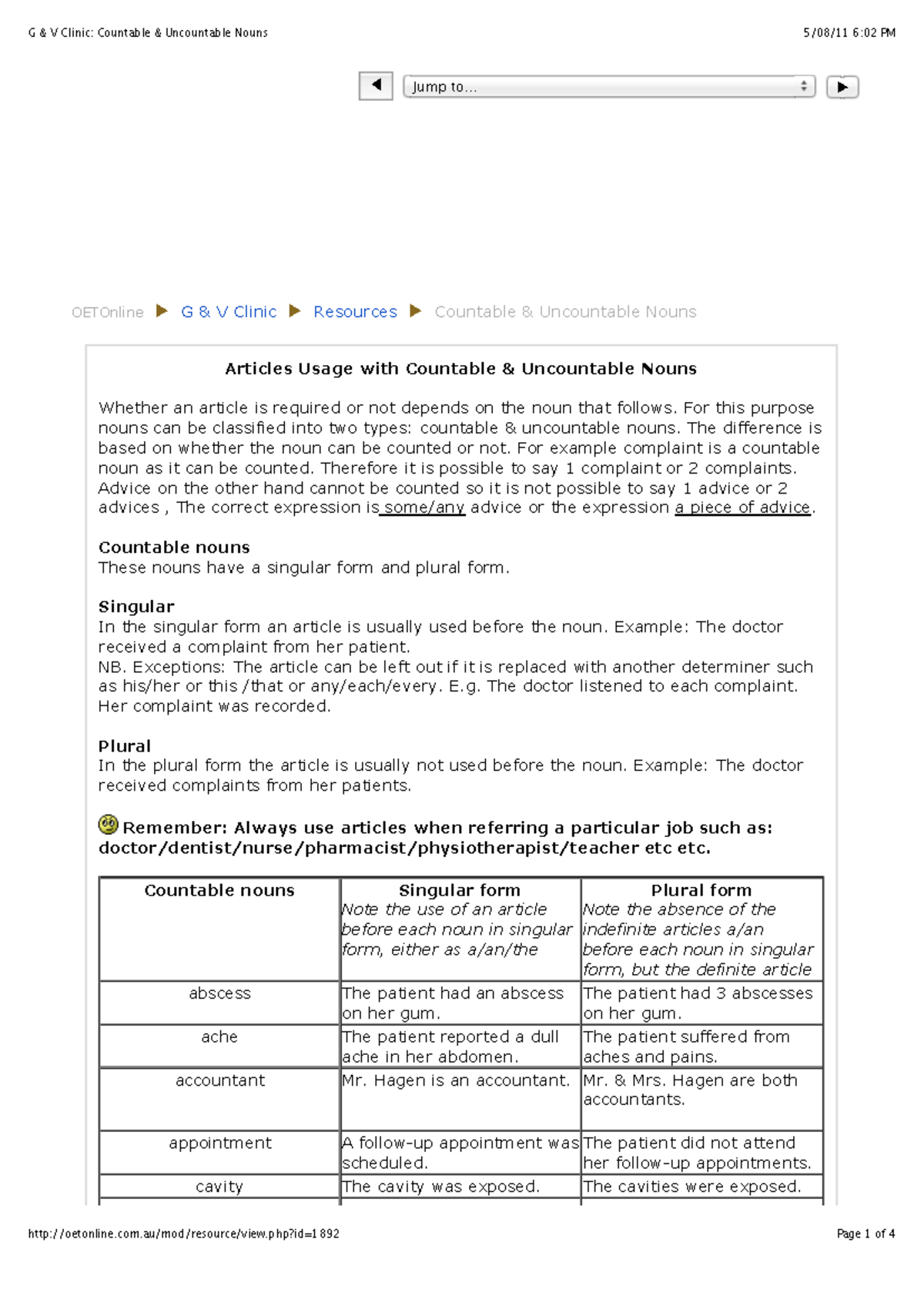 Countable & Uncountable Nouns: G V Clinic OET Resources - Studocu