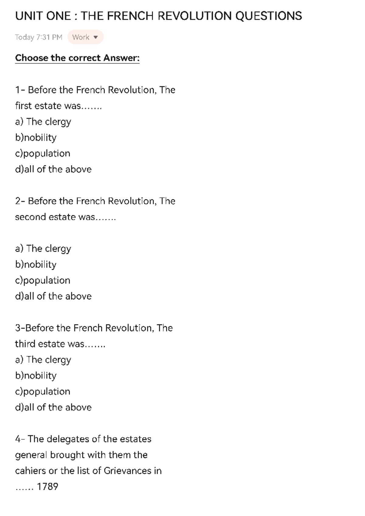2024115 - lec notes - UNIT ONE : THE FRENCH REVOLUTION QUESTIONS Today ...