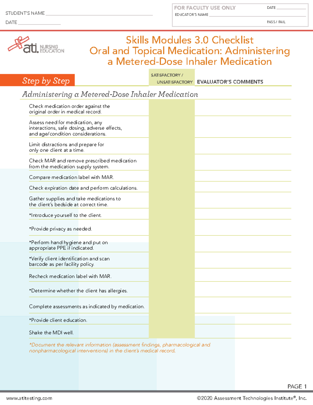 NURSING EDUCATION Skills Checklist for Inhaler Medication ...