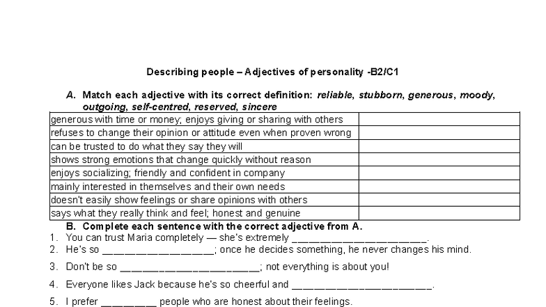 S3 Adjectives of Personality: B2-C1 Study Guide 2025 - Studocu