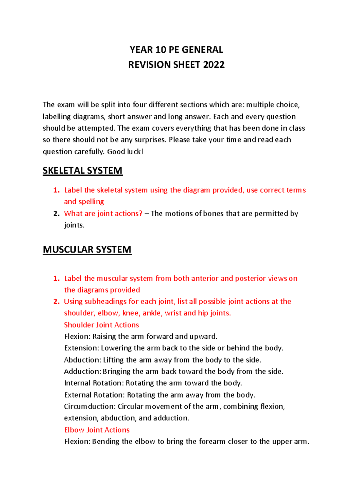 Test revision sheet-Pe general - YEAR 10 PE GENERAL REVISION SHEET 2022 ...