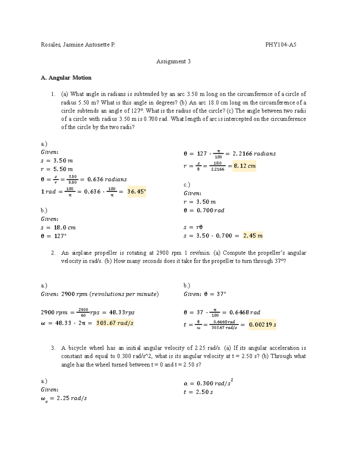 PHY104 Assignment 3: Angular Motion Problems and Solutions - Studocu