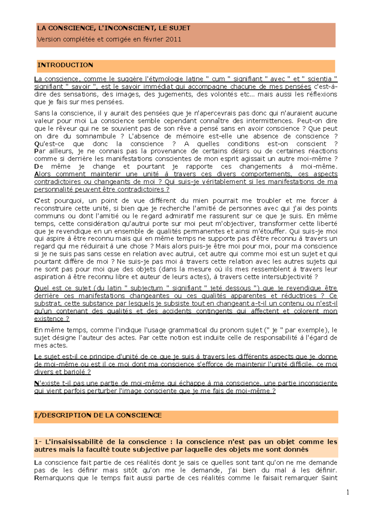 Exemple bac philo : Inconscient et conscience expliqués - Studocu