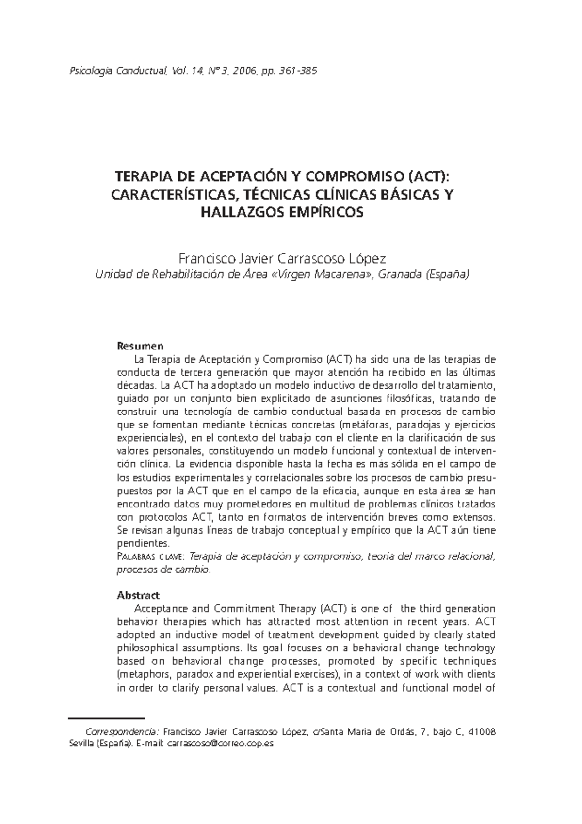 Terapia de Aceptación y Compromiso (ACT) en Psicología Clínica: Un ...