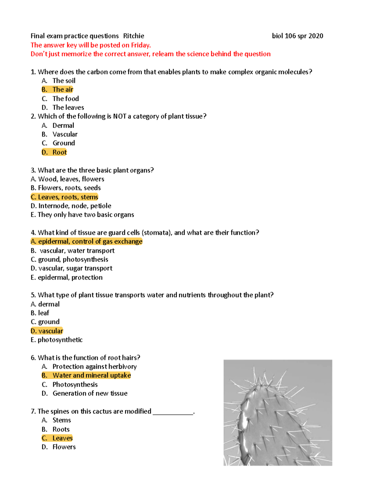 Final exam practice q ritchie biol 106 spr 2020 ritchie - Final exam practice questions Ritchie ...