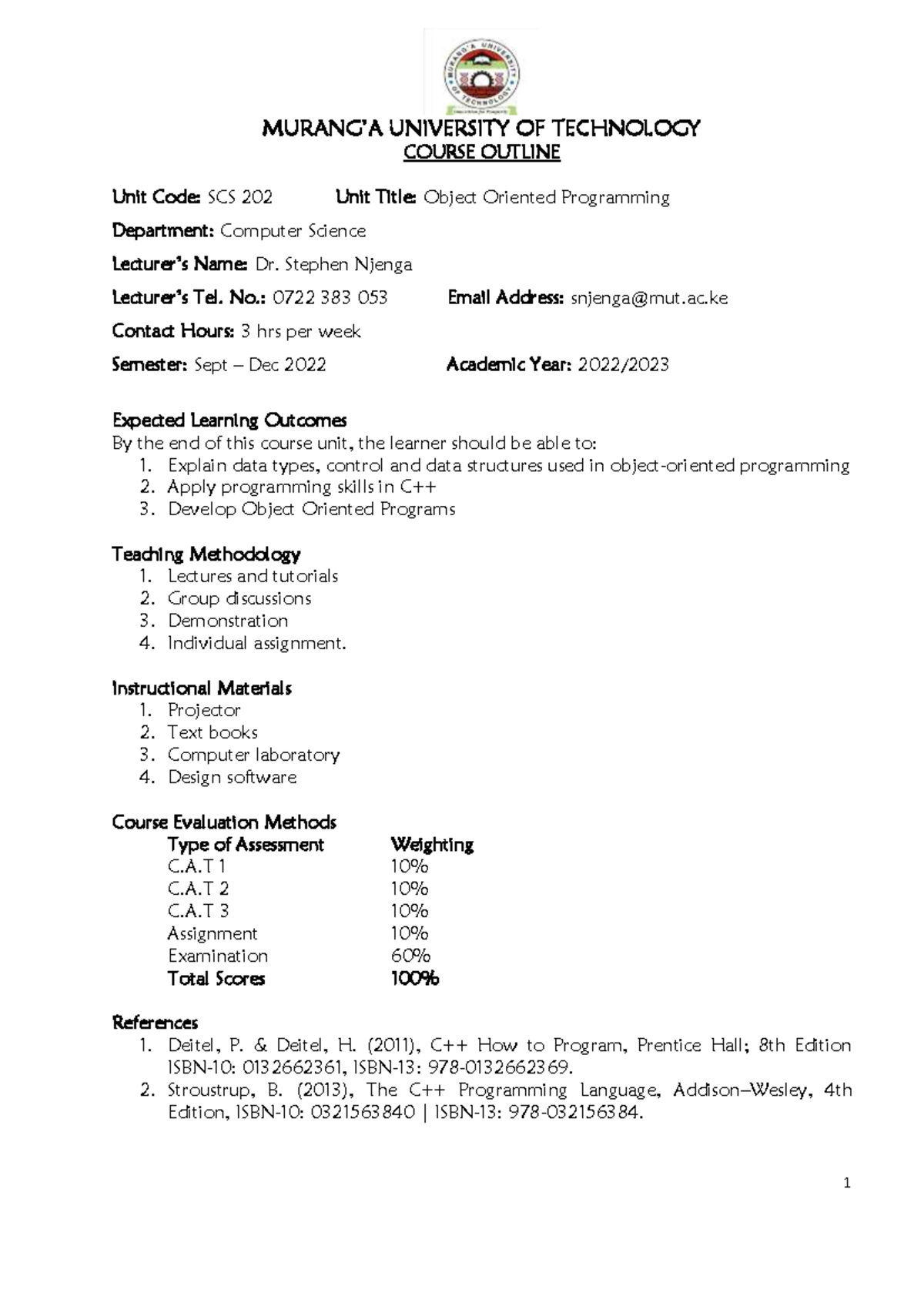 SCS 202 Course Outline: Object-Oriented Programming in C++ - Studocu