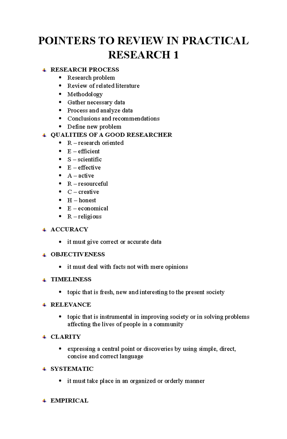 Pointers to Review for PR 1: Understanding Research Processes and Qualities - Studocu
