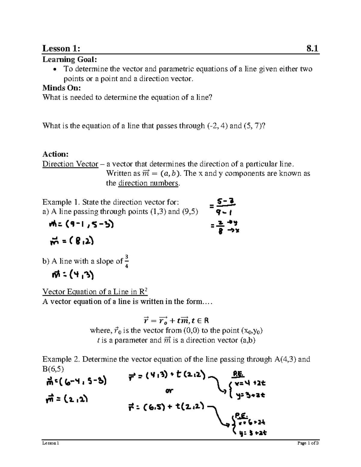 Unit 8 Lesson 1: Vector & Parametric Equations of Lines - Studocu