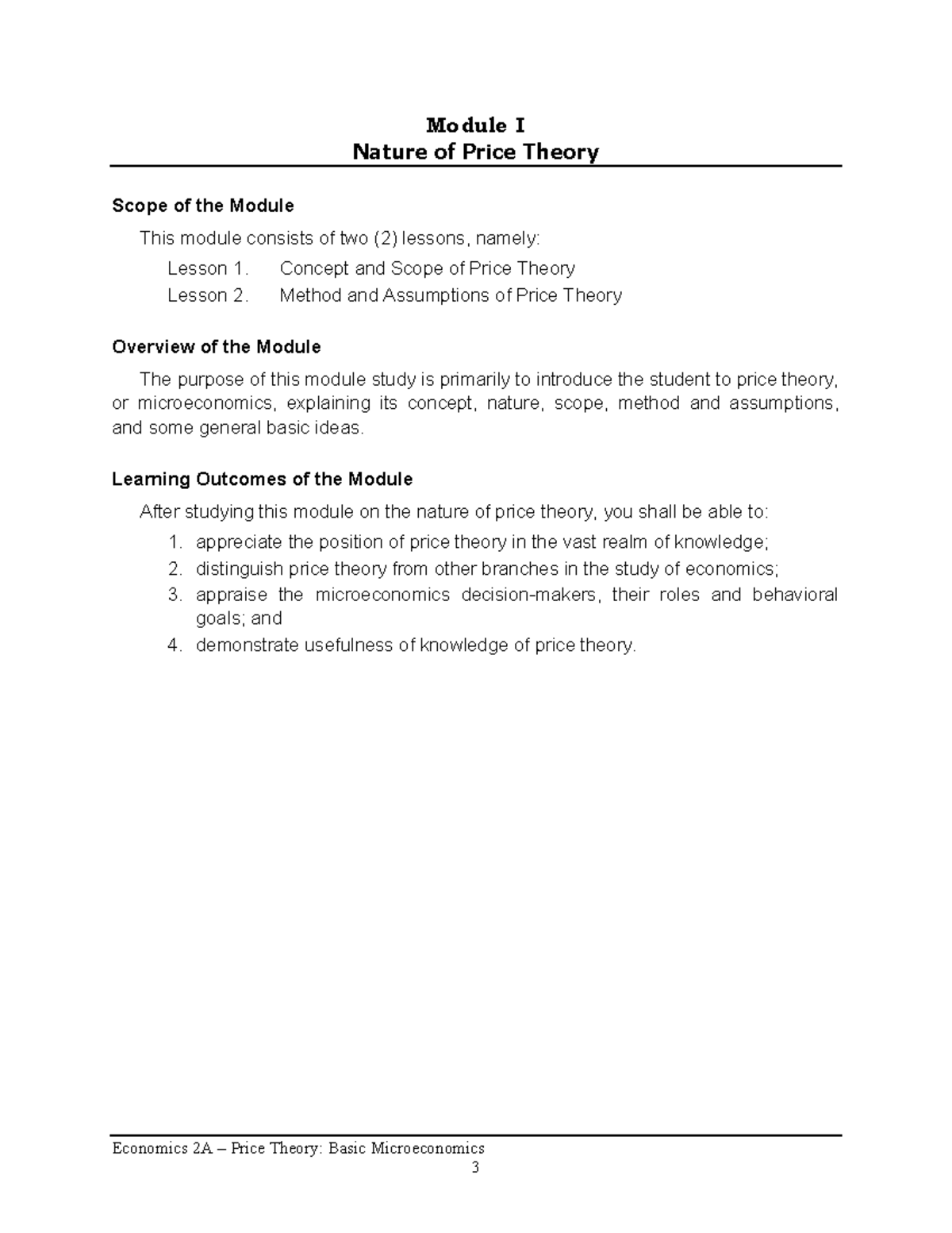 Eco 2A - Module I - Price Theory: Concepts & Assumptions Overview - Studocu