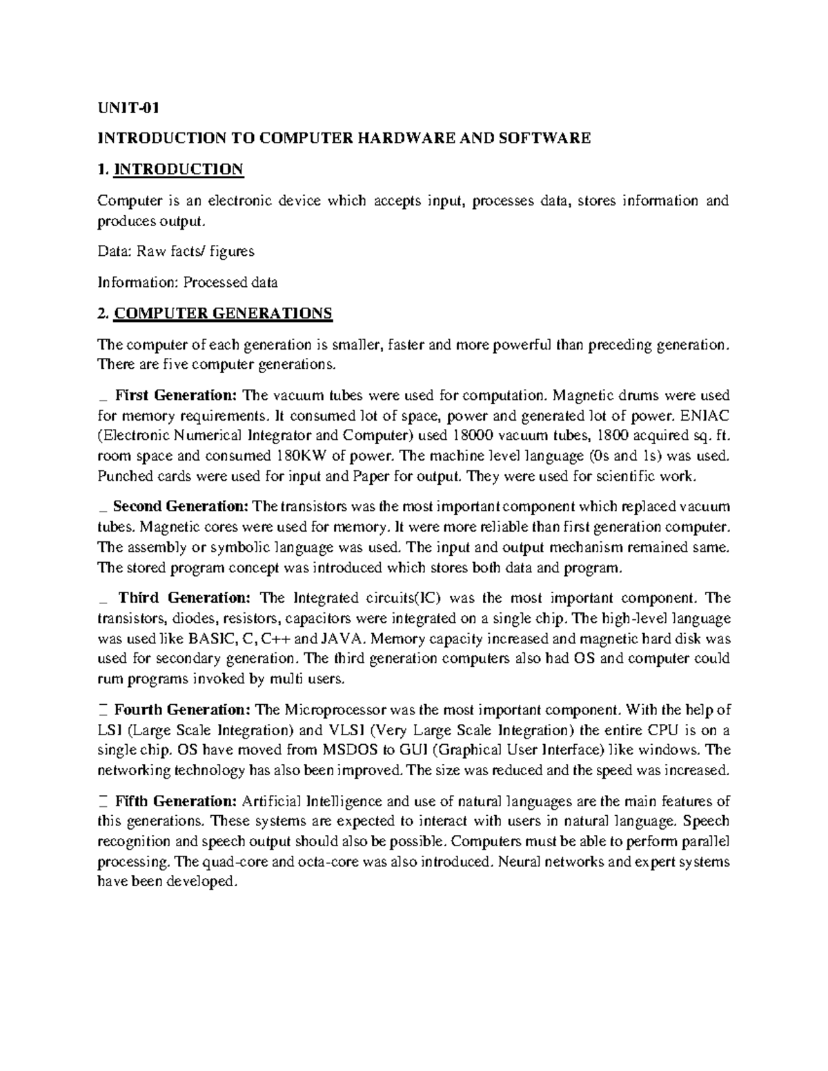 UNIT 1: Introduction to Computer Hardware and Software Overview - Studocu