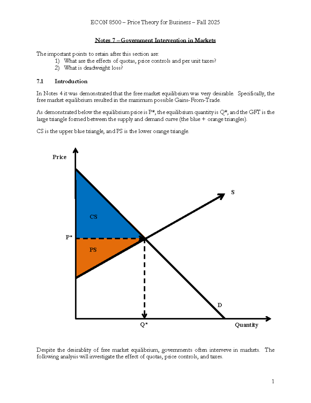 Econ 8500 Price Theory Midterm Exam Notes: Government Intervention ...