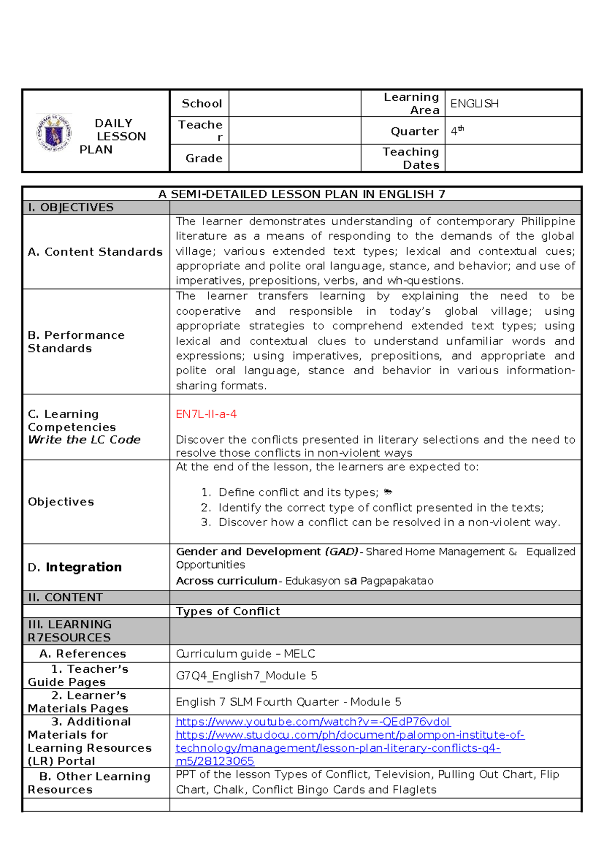 SDLP - English 7 Lesson Plan on Types of Conflict in Literature - Studocu