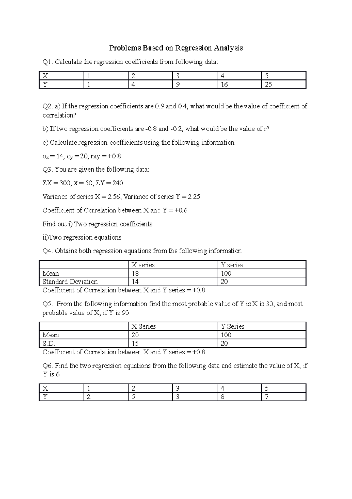 Regression Analysis Practice Questions for Statistics Course (STAT101 ...