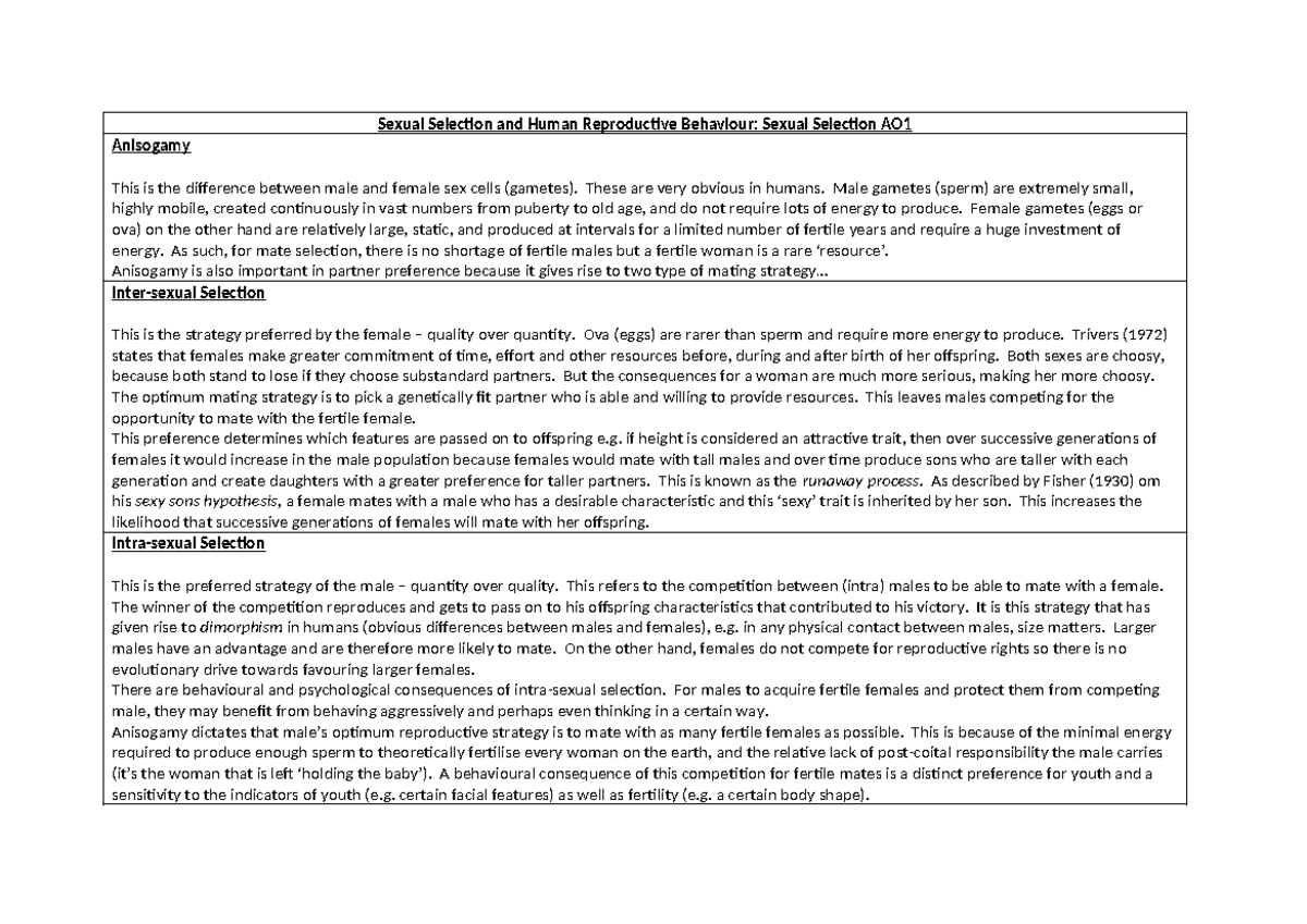 Sexual Selection in Human Reproductive Behavior: A Study Overview - Studocu