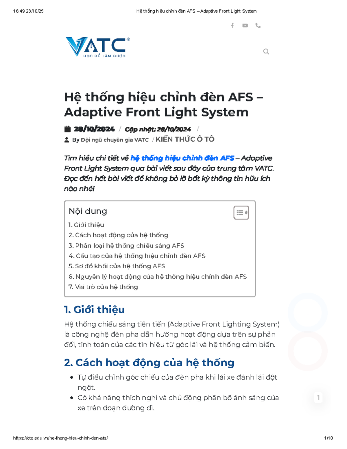 Hệ thống hiệu chỉnh đèn AFS - Adaptive Front Light System (VATC) - Studocu