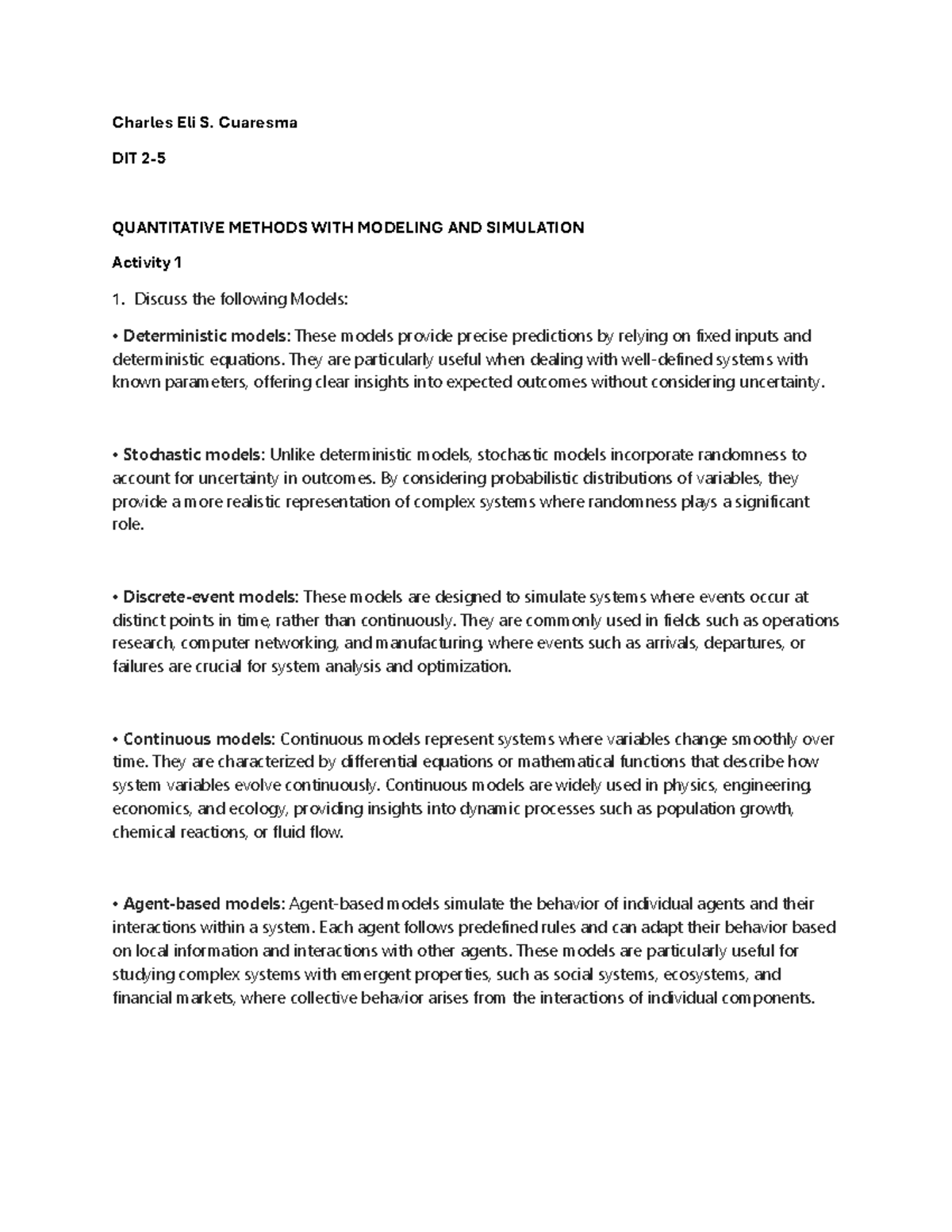 DIT QUANTITATIVE METHODS: Activity 1 - Models Overview - Studocu