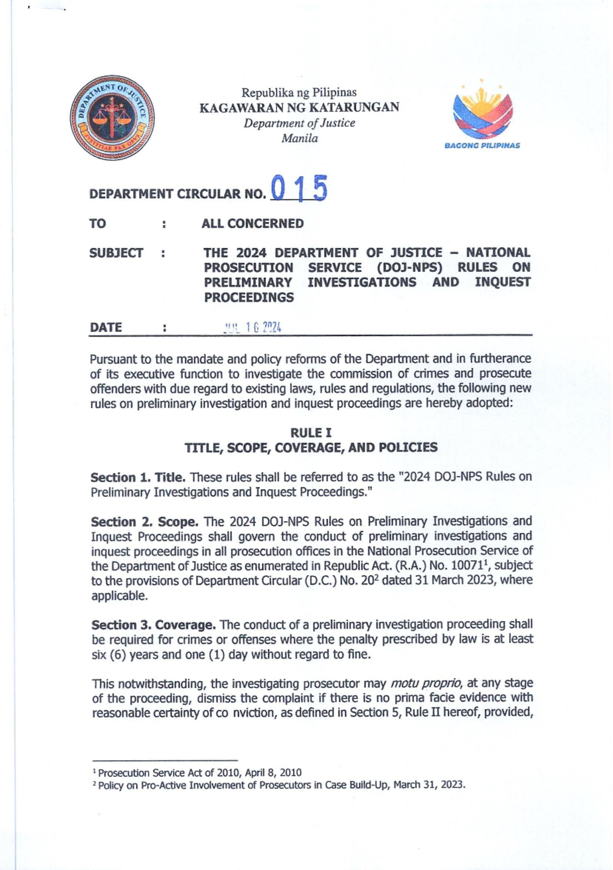 DOJ DC No 15 - 2024 Rules on Preliminary Investigations & Inquest - Studocu