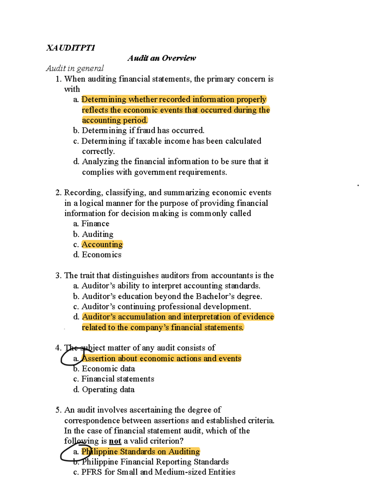 XAUDITPT 1 - Review Notes & Answer Key for Financial Auditing - Studocu