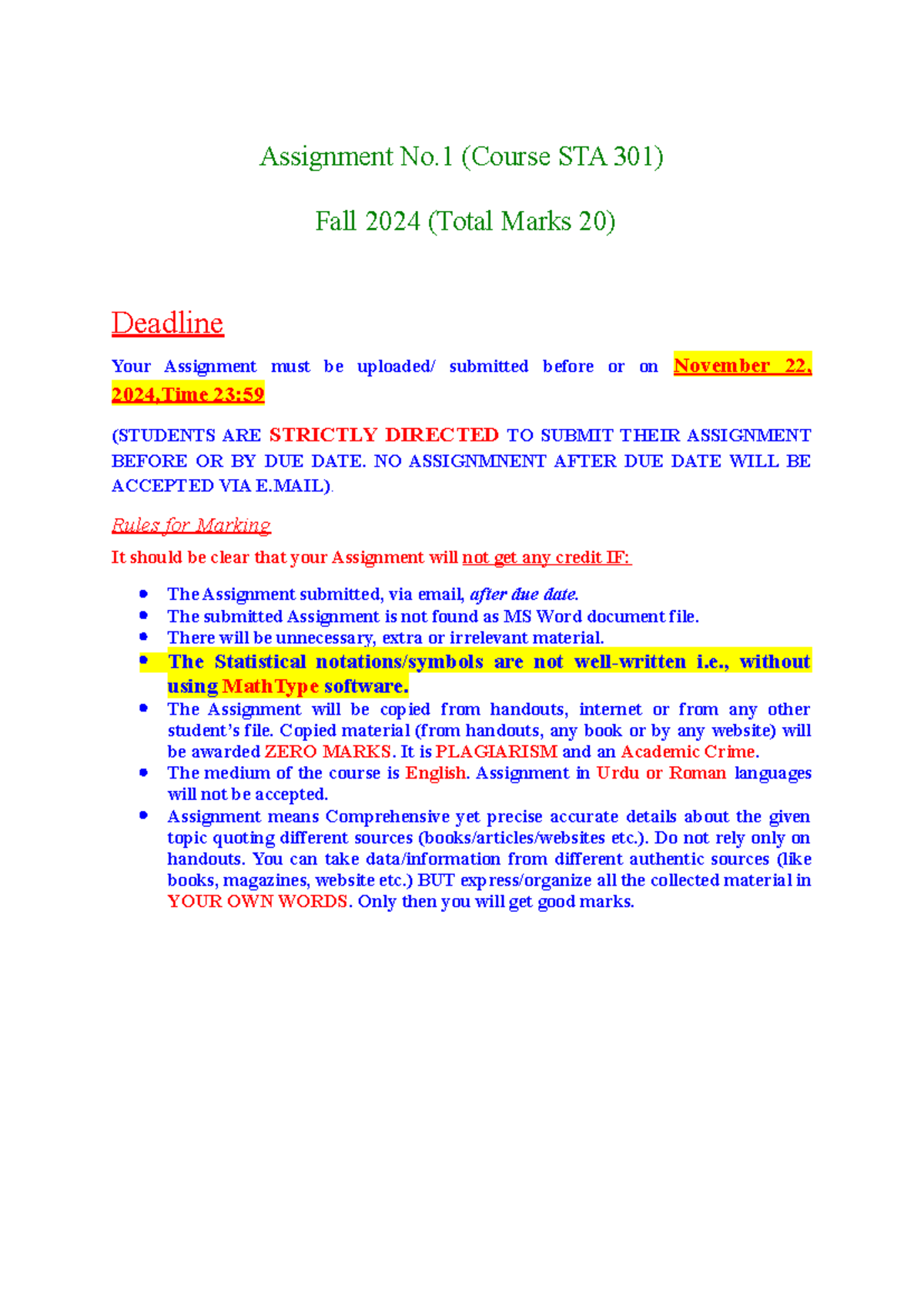 STA301 Fall 2024 Assignment Guidelines and Submission Instructions - Studocu