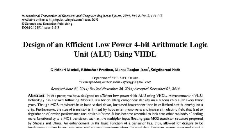 Design of an Efficient Low Power ALU Using VHDL - ITECES 253 - Studocu