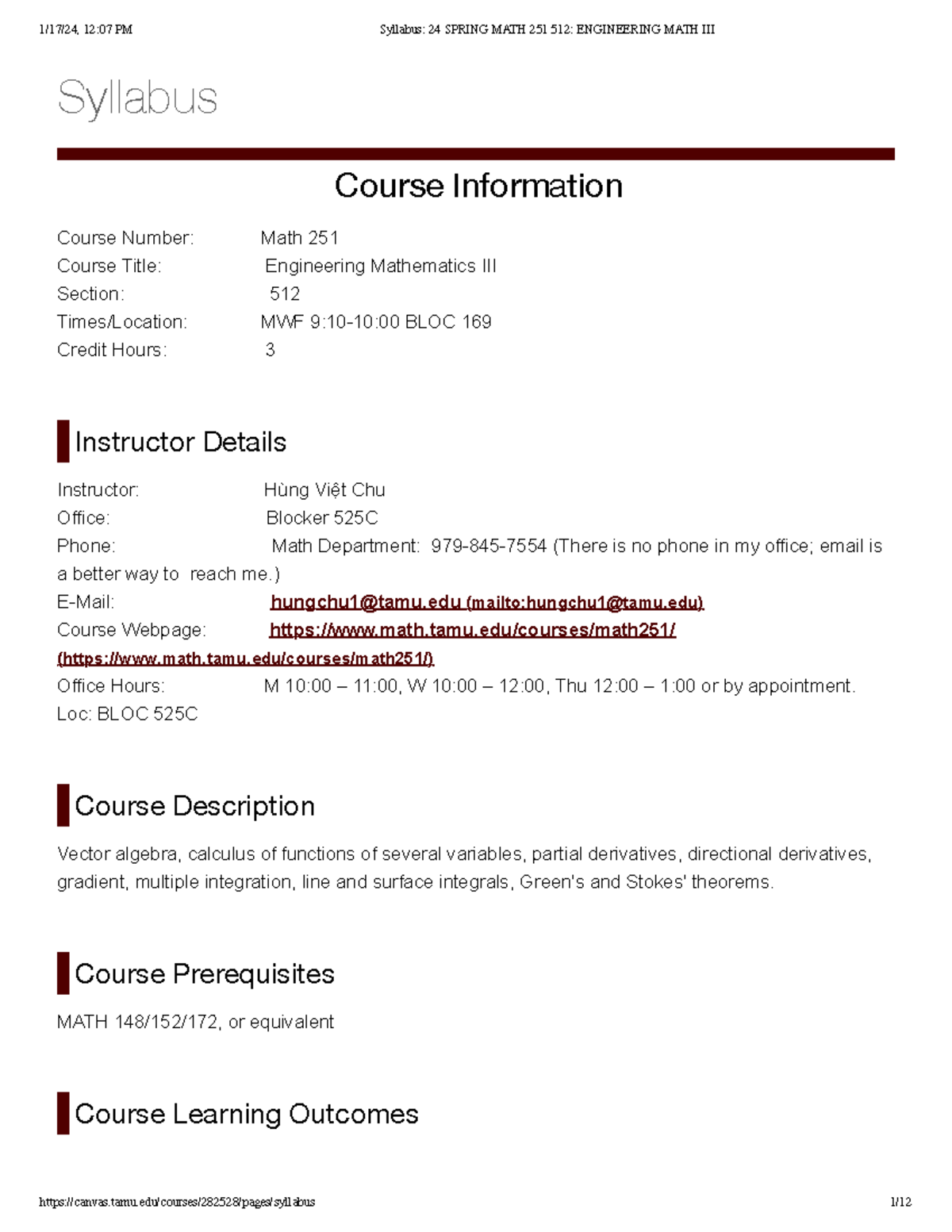 Syllabus for MATH 251 512: Engineering Mathematics III - Spring 2024 ...